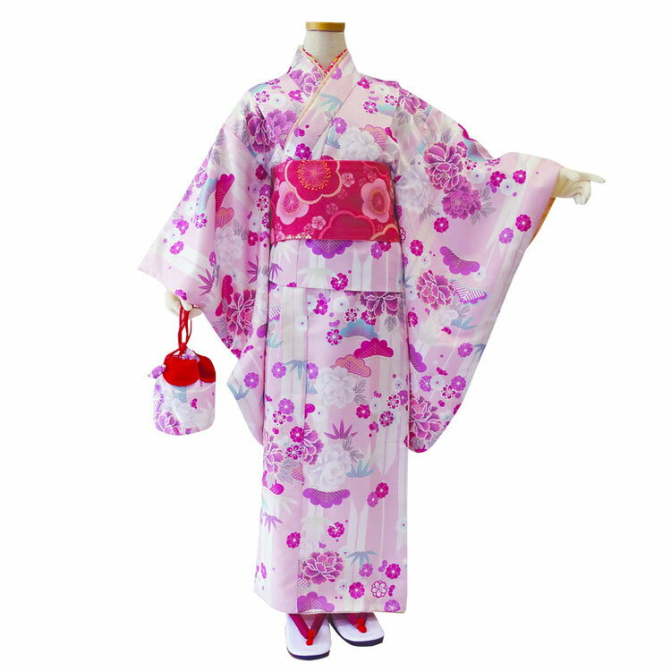 子供 女の子 R・KIKUCHI ジュニアアンサンブル9点セット ご家庭で簡単に洗うことができます。140〜160サイズ お子様用着物セットです。　 R-KIKUCHIのレトロ調柄の女の子着物です。 身上げ・肩上げ済み、着付けかんたん結び帯...