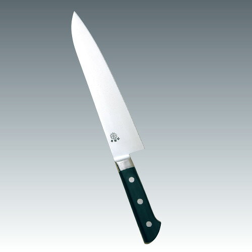商品名 堺菊守SKKバナジウム鋼（口金付・本刃付加工）　牛刀270mm ●ハイカーボン特殊ステンレス鋼（モリブデン、バナジウム含有）を使用。適度なしなり。シャープな切れ味。サビに強く、長切れするハイカーボン特殊ステンレス鋼。堺菊守のロングセラー。