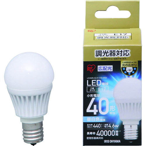 【特長】■トイレや廊下などに最適なLED小形電球です。■口金サイズがE17口金なので、照明器具を替えることなく使用可能です。■長寿命約40000時間で、ランプ交換の手間が少ないです。■密閉型器具に使用可能です。【仕様】■明るさ(lm)：44...