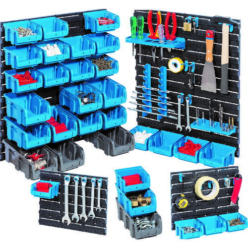 【特長】■利用頻度の高い標準的な部品や工具の保管・管理に最適なセットです。■工場内での個別の組立ブース等で、頻度の高い各種工具、小物部品の集中管理に最適です。【仕様】■最大積載量(kg/台)：42■本体色：ブラック■コンテナ大：グレー■コン...