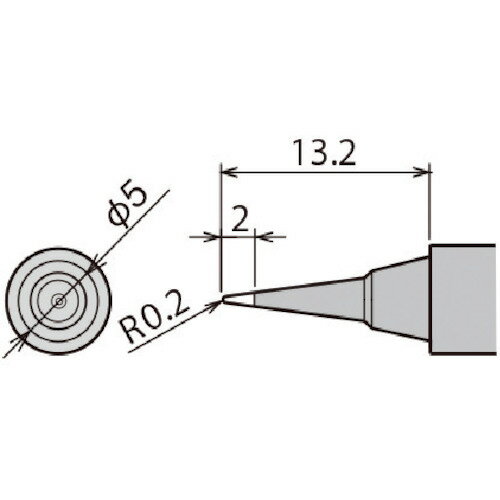 【特長】■鉄メッキ処理の長寿命こて先です。【用途】■表面実装部品に。【仕様】■コテ先名称：R0.2mm■適合機種：PX-280/280E■先端R0.2の円錐状