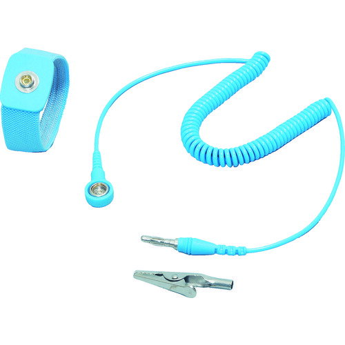 【特長】■導電繊維入りで長さ調節が可能なゴムバンド式です。【用途】■半導体工場・研究所での静電気除去。■材質:ポリエステル、ステンレス【仕様】■コード有効長(m)：1.8■コイル部長さ(cm)：16■グランドコード長さ(m)：1.8■コード...