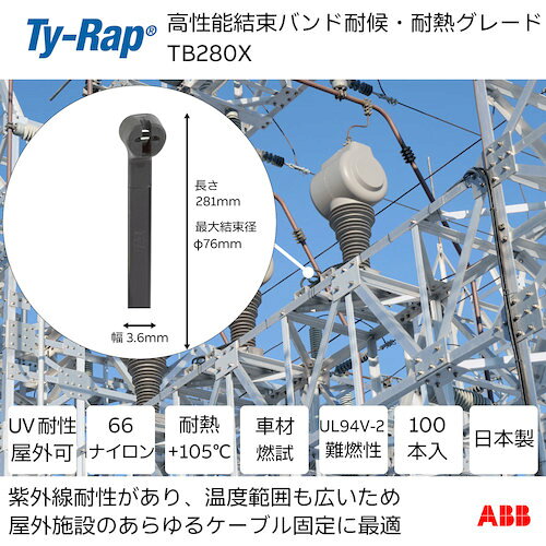 【特長】■世界で初めて開発された結束バンドTy-Rapです。■ステンレススチールの爪が確実に長期間、ケーブルをしっかりと結束します。【仕様】■色：黒色■幅(mm)：3.6■長さ（mm）：281■引張り強度（N）：130■最大結束径φ（mm）...