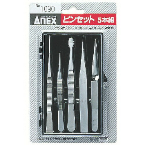【特長】■使用頻度の高いピンセット5本セットです。【用途】■細かなパーツのつまみ作業に【仕様】■セット内容：125mm直、AA125mm直、ベビー用、切手用、逆作動■ステンレス製ピンセット【材質・仕上】■ステンレス（SUS430)