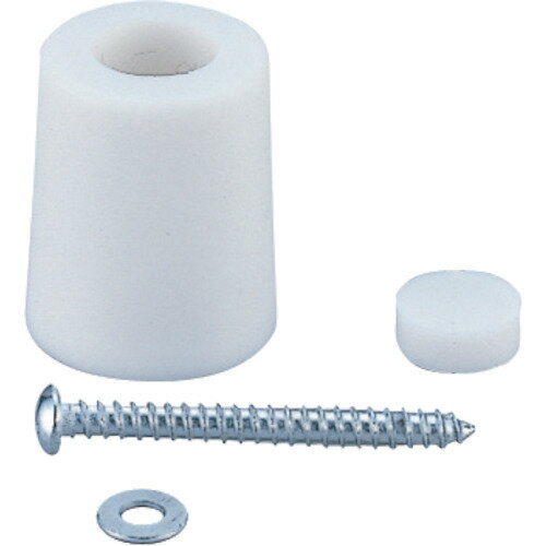 【特長】■色移りしにくいエラストマー樹脂タイプです。【用途】■ドアやドアノブの当たり止めに使用できます。【仕様】■色：白■幅(mm)：25Φ■高さ(mm)：30■形状：台形■ビス止めタイプ■ビスの長さ35mm【材質・仕上】■エラストマ−