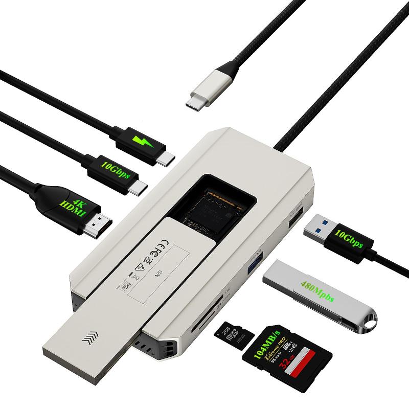 8-in-1 M.2 D 外付けケースー付き USB-C ドッキングステーション USBハブ ssd m.2 hub タイプc ハブ M2 ケース NVMe/SATA エンクロージャ USB Cマルチポートアダプタ USB 3.2 Gen2...