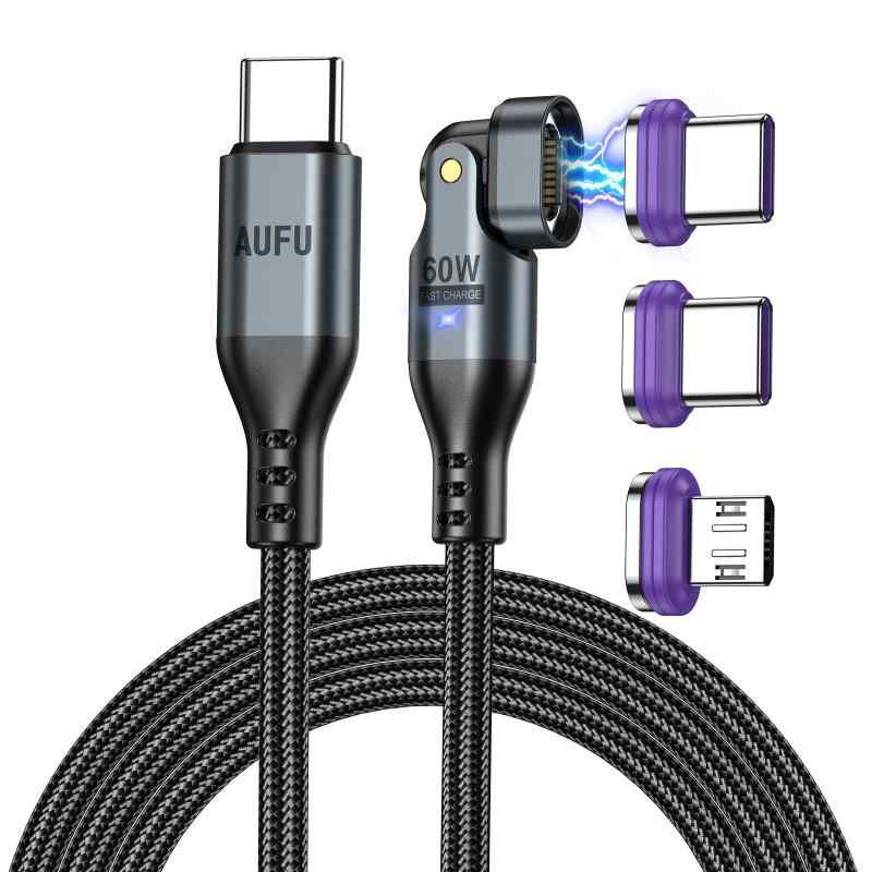 USB-B/USB-C マグネットケーブル 2M 60W 3A 急速充電 L字型 180°回転可 16pin PD対応 Type C 充電ケーブル 1本2役 480Mpbs高速データ転送 片手操作 タイプc マイクロb Type-C/Mic...