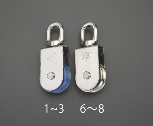 仕様：●材質:本体:SUS304、車:SUS304●車径:50mm●使用荷重:300kg●使用ロープ径:~14mm●全長:122mm●重量:430g●スイベル式(360°回転)商品画像に関する注意事項：●画像に数字等の情報が入っている場合は...