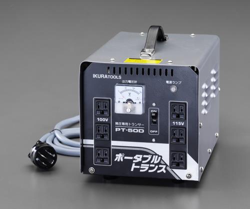 仕様：●メーカー:育良精機●型番:PT-50D●容量:5kVA●定格:連続●入力電圧:AC200V●出力電圧:AC100V、AC115V●出力コンセント数:100V・115V×各3個●使用場所:屋内用●入力ケーブル:3心(3.5mm2)×2...