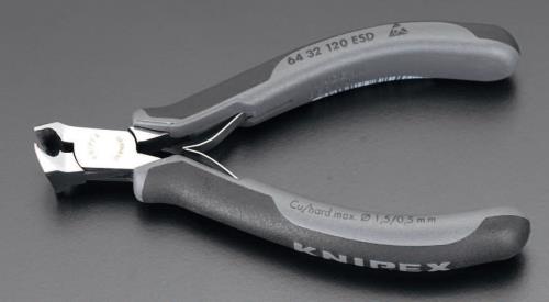 仕様：●メーカー:KNIPEX(クニペックス)●型番:6432120ESD●全長:120mm●刃幅:17mm●ハンドル:コンフォート(ESD)●仕上げ:高級磨き●表面抵抗:1×10^5~1×10^12Ω●硬度:HRC56●斜刃●バネ付●材質...