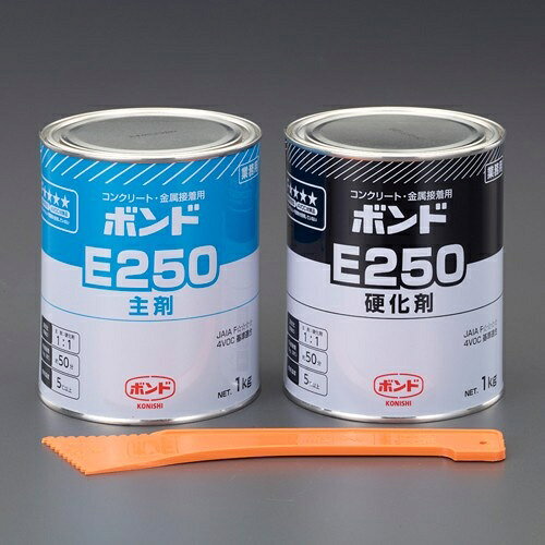仕様：●メーカー:コニシ●型番:#45827●商品名:E250●内容量:2kgセット(主剤:1kg、硬化剤:1kg)●使用温度範囲:10~35°C●色:主剤:乳白色硬化剤:灰色●可使時間:50分(20°C)●硬化時間:6時間(20°C)●完...