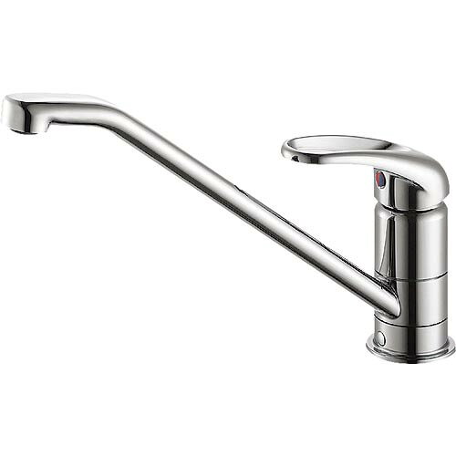 特長：水はねしにくい泡沫吐水タイプです。上面施工タイプで取り付けが簡単です。ハンドルがリング状になっているので、指を引っ掛けての操作が可能です。レバーの左右の動きで温度調節ができます。用途：キッチン用。仕様：呼び径(mm)：13(G1/2)...