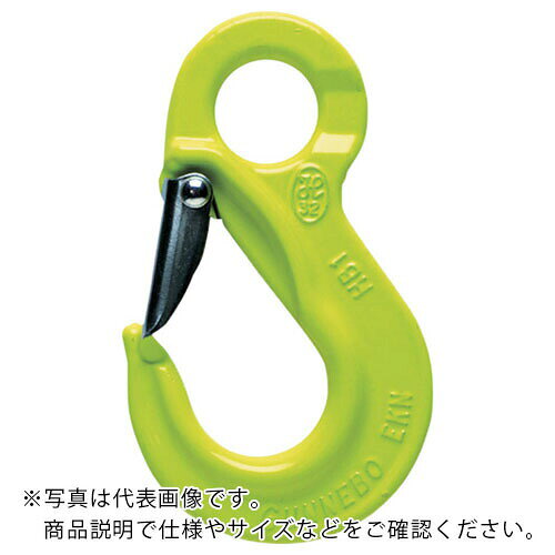 特長：堅牢なスプリングラッチを備えた開口部の広いスリングフックです。堅牢なスプリングラッチを備えたフックです。用途：ワイヤロープ・チェーンなどの玉掛け用先端金具。仕様：基本使用荷重(t)：10.0適合チェーン線径(mm)：20寸法(mm)a...