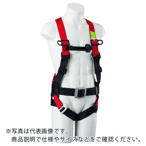 特長：胴ベルト付なので腰つり道具も取り付け可能です。用途：建設・土木・造船・橋梁・鉱山・工場・プラントなどに。仕様：サイズ：S色：ブラック/レッド胴ベルト幅×長さ(mm)：50×1100胴ベルトバックル：アルミスライドバックルベルト幅(mm...