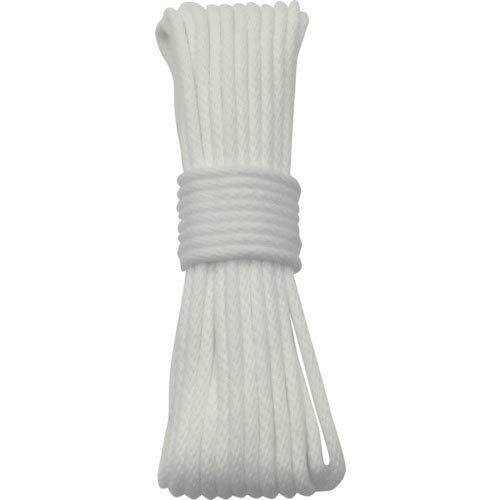 特長：強度は3つ打に比べ40%程度低下しますが、摩擦抵抗が少なく、ねじれにくいロープです。酸・アルカリ・海水等に強く、耐候性に優れ摩擦にも非常に強く、強力に優れたロープです。用途：各種結束、テント・タープ用など。仕様：色：白線径(mm)：5...