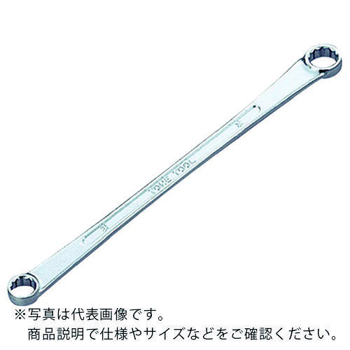 特長：柄部の曲がり角度が15°と小さいので、高さ制限を受ける箇所の作業に最適です。めがね部は12角です。仕様：対辺寸法(mm)：14×17全長(mm)：253首角度(°)：15柄部の曲がり角度15°材質／仕上：構造用鋼表面処理：メッキ処理　...