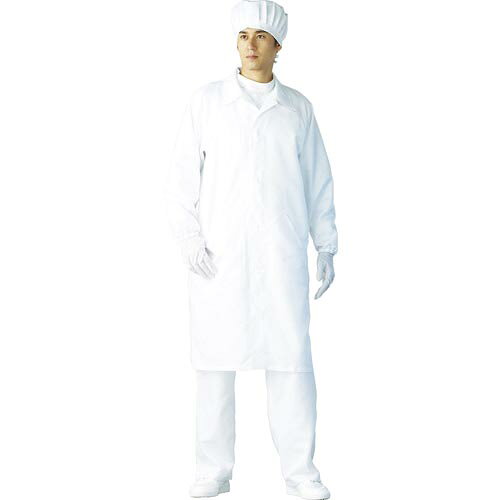 特長：コートタイプの防じん服です。両脇に切りポケットを配した定番スタイルで、発じん防止、異物混入防止に効果的です。来客用、訪問者用防じん服としても利用できます。仕様：色：ホワイトサイズ：S着丈(cm)：95適合胸囲(cm)：110肩幅(cm...