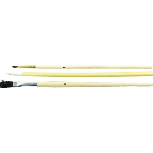 特長：用途に合わせた筆セットです。よく使う筆を3本セットにした商品です。仕様：規格：点付1号・文字1号・画筆8号全長(mm)：213（点付1号）、215（文字1号）、220（画筆8号）毛材：山羊・豚パック入数(本)：3セット内容：点付筆1号...