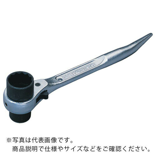 特長：正逆は切り替え爪式です。番線の締め付けに最適な曲りシノ付です。仮設足場・住宅施工などに最適なミニショートタイプです。安全ロープ取り付け穴を設けています。ミニショートタイプです。用途：パイプ足場の組み立て、解体に最適。仕様：対辺寸法(m...