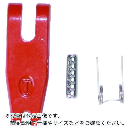 特長：eフック0.63t用の取り換え用ハズレ止め金具セットです。板、バネ、スプリングピンの三点セットです。0.63tタイプはアイボルトM6〜M20に、1.25tタイプはM8〜M27まで対応可能です。仕様：基本使用荷重(t)：0.63適合機種...