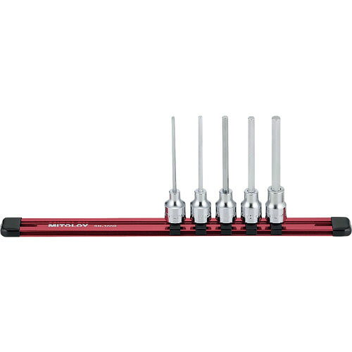 特長：ロングタイプです。差込角9.5mm用です。用途：作業における六角穴付ボルトや止めネジなどの締めゆるめ用に。仕様：差込角(mm)：9.5セット内容(mm)：3、4、5、6、8セット内容(点)：5セット内容：303HTL、304HTL、3...