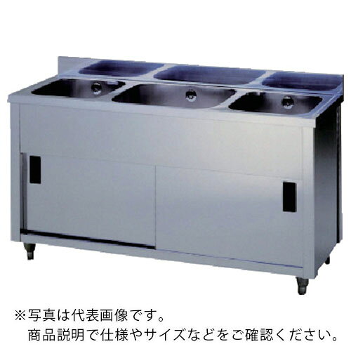 特長：戸びらレール部に水抜き溝が有りますので洗っても水がたまりません。用途：工場研究所仕様：間口(mm)：1200奥行(mm)：450高さ(mm)：800バックガード寸法：25×90三槽キャビネットシンクBG付オールステンレスSUS430手...