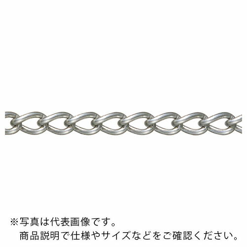 特長：通常のリング形状のチェーンとは違い、ひねりを加えて装飾的にした形状です。仕様：全長(m)：14.1〜15（リンク内側×内側）使用荷重(kN)：0.29線径d(mm)：2内長P(mm)：8.7内幅W(mm)：3.4SUS316　ステンレ...