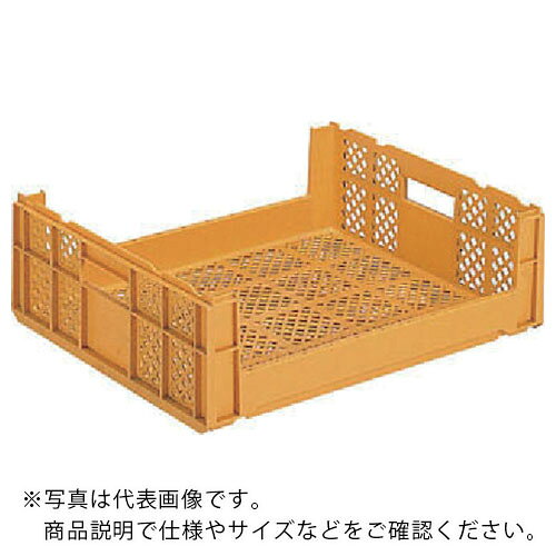 特長：4側面のうち1面もしくは2面に段差（オープン）形状を設けた特殊形状の全面網目のコンテナーです。段積み時のオープン部分から内容物の取り出しが可能です。仕様：色：オレンジ容量(L)：60.8適合カード差し(別売)：片短辺4型外形寸法(mm...