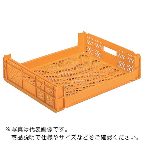 特長：4側面のうち1面もしくは2面に段差（オープン）形状を設けた特殊形状の全面網目のコンテナーです。段積み時のオープン部分から内容物の取り出しが可能です。用途：卵パック用コンテナー仕様：色：オレンジ容量(L)：45.0適用カード差し(別売)...