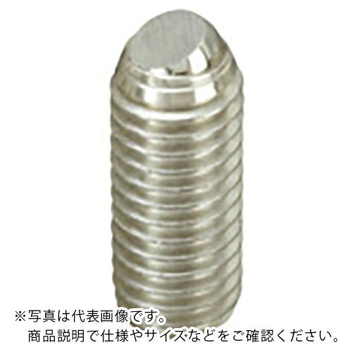特長：面で受けますので、ワークが軟質な場合や、締め付け力が掛かる場合、角度がある場合等にご使用になれます。仕様：全長(mm)：8ボール径(mm)：3六角穴径(mm)：2.5ストローク(mm)：0.4ねじ径：M5×0.8材質／仕上：本体：SU...