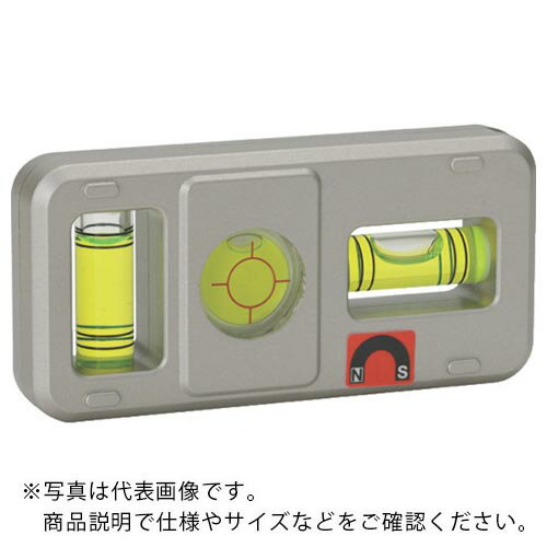 特長：ストラップ付で持ち運びに便利です。V溝付き測定面でパイプ測定可能です。丸型気泡管付で水平面の測定が出来ます。磁石内蔵で鉄骨工事に便利です。用途：水平・垂直・前後左右測定の測定に。仕様：長さ(mm)：87高さ(mm)：42厚さ(mm)：...