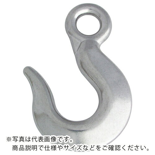 特長：ステンレス製で錆びにくいフックです。用途：ワイヤーロープなどの端末金具として、荷物の吊り上げ作業などに。仕様：使用荷重(kN)：4.90D(mm)：11L(mm)：21S(mm)：21H(mm):100E(mm):17材質／仕上：ステ...