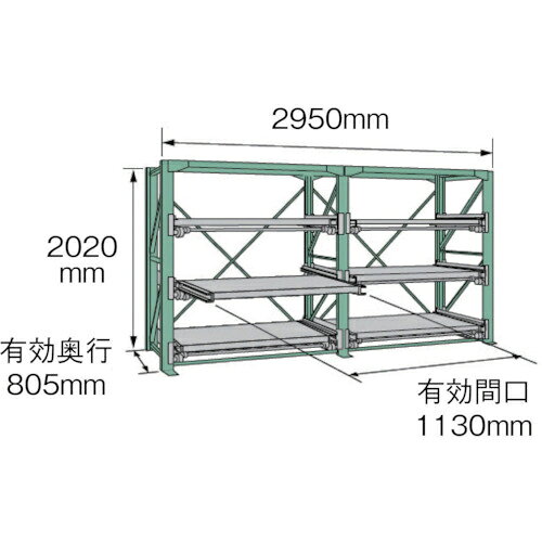 特長：本体前面に出っ張りがないため、最小スペースでの設置が可能になります。また、シェルフ前に作業スペースが確保でき、足元が安全です。独自のベアリング機構により人手で簡単にスライド可能です。用途：金型や治具などの様々な重量物の保管管理仕様：間...