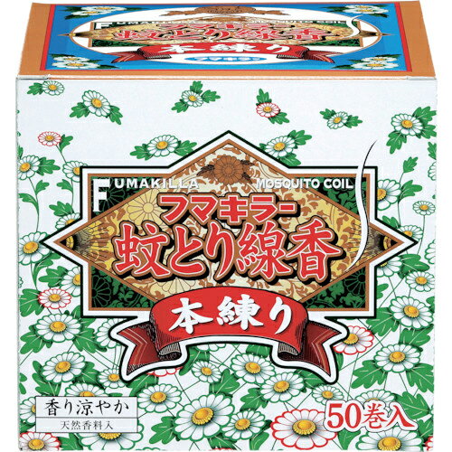 特長：長時間燃焼し、安定した殺虫効果を発揮します。ピレスロイド系殺虫成分を使用しています。用途：部屋、べランダ、農作業での蚊の駆除に。仕様：効果持続目安：約7時間箱入数(巻)：50線香立て付材質／仕上：殺虫成分：ピレスロイド系注意：防除用医...