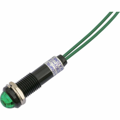特長：抵抗器内蔵の高輝度LED表示灯です。AC/DC100V用電源にダイレクトに接続できます。長さ200mmのリード線(UL1430 AWG24)付です。用途：電源表示灯用。電源のON、OFF表示灯。仕様：レンズ色：緑発光色：緑定格電圧(V...