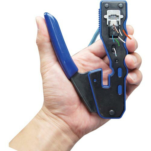 特長：成端作業が早くて簡単。貫通タイプのモジュラープラグ成端で作業が早い。一般的なモジュラープラグも圧着できる。一回の動作で圧着とケーブルの切断が同時にできるケーブル切断、皮むき、圧着がこれ1丁でOK仕様：・本体サイズ：140mm×25mm...