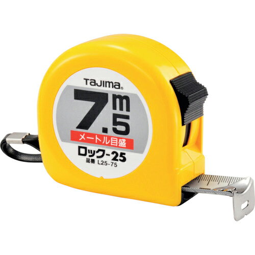 特長：テープを固定できる、ロックタイプです。0点補正移動爪です。大型ベルトクリップ付です。爪飛び防止用プロテクター付です。ショックアブソーバー付です。用途：長さ測定用。仕様：テープ長さ(m)：7.5テープ幅(mm)：25水平保持(m)：2....