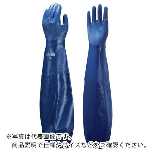 特長：指先から肩口まで継ぎ目のない一体型ニトリル製ロング手袋です。継ぎ目がないため、手袋と腕カバーの接合部から破れる心配がなく丈夫です。指先を4重コートで強化しています。粒子付きの特殊加工で高いすべり止め効果を発揮します。裾部分は、ズリ落ち...