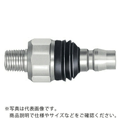 特長：空気工具・機器類のホース接続用首振りプラグです。手元角度が自由自在（屈曲範囲70°）になるので、狭い場所や上向きの作業でも工具類が楽に使用できます。屈曲部を潤滑性樹脂で補強しているため、屈曲動作は滑らかで、耐久性に優れています。ゴミ、...