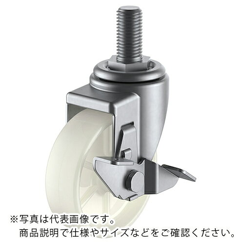 特長：耐水性・耐食性に優れたオールステンレス製金具を使用しています。標準的な中型キャスターで重量物の運搬に数多く使用されています。食品、薬品などを扱う水回りや、サビを嫌う場所に最適です。耐摩耗性に優れたナイロン車輪を使用しています。用途：オ...