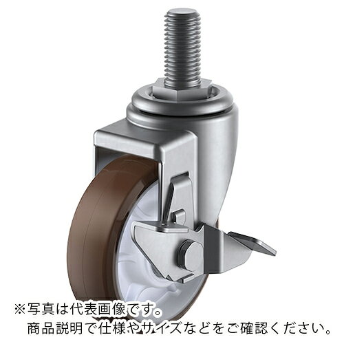 特長：耐水性・耐食性に優れたオールステンレス製金具を使用しています。標準的な中型キャスターで重量物の運搬に数多く使用されています。食品、薬品などを扱う水回りや、サビを嫌う場所に最適です。耐油性、耐摩耗性に優れたウレタン車輪を使用しています。...