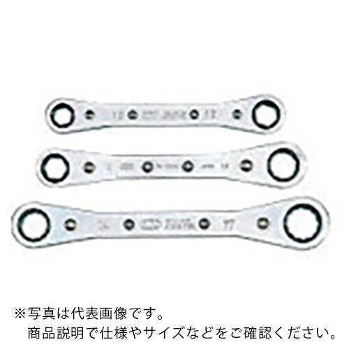 特長：強力な板バネにより”カチッ””カチッ”と小気味よい連続音を発し、ラチェット作業ができます。頭部は薄型、めがね形状で狭い所の作業に適しています。送り角度は20°です。仕様：セット内容(mm)：10×12、12×14、14×17セット内容...