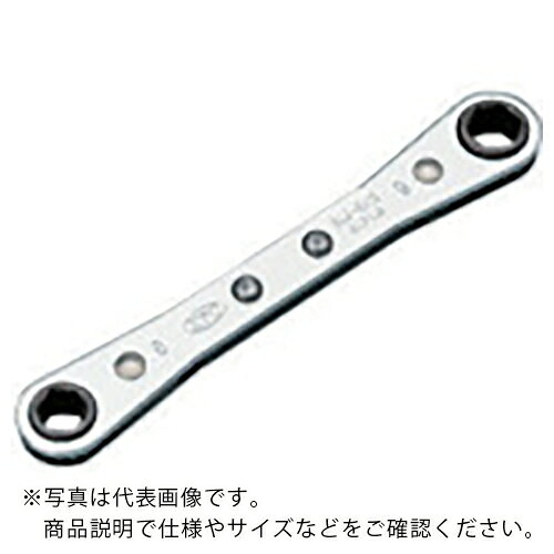特長：強力な板バネにより”カチッ””カチッ”と小気味よい連続音を発し、ラチェット作業ができます。頭部は薄型、めがね形状で狭い所の作業に適しています。送り角度は20°です。仕様：対辺寸法(mm)：12×14全長(mm)：165厚さ(mm)：1...