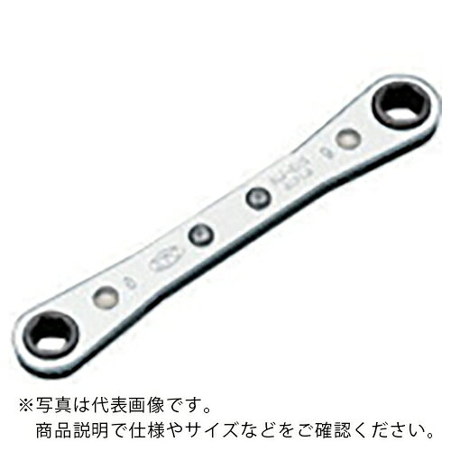 特長：強力な板バネにより“カチッ”“カチッ”と小気味よい連続音を発し、ラチェット作業ができます。頭部は薄型、めがね形状で狭い所の作業に適しています。送り角度は20°です。仕様：対辺寸法(mm)：8×9全長(mm)：120厚さ(mm)：10対...