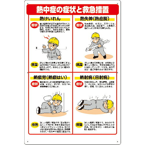 特長：熱中症の症状と救急措置がとても分かりやすく表示されています。用途：熱中症の周知用として事業所・休憩室などに。仕様：表示内容：熱中症の症状と救急措置取付仕様：穴6ヵ所縦(mm)：900横(mm)：600取付方法：ビス止め(ビス別売)取付...