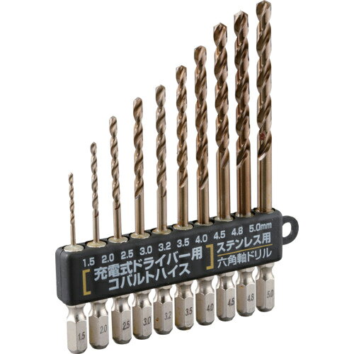 特長：ドリルは強ネジレ形状で早い穴あけができます。用途：ステンレス、難削材、一般鋼材、軽金属などに仕様：セット入数(本)：10シャンク形状：六角シャンク径(mm)：6.35溝長(mm)：75材質／仕上：母材：コバルトハイスセット内容／付属品...