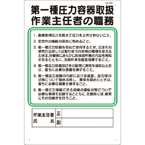 特長：ボイラー及び圧力容器安全規則に基づく標識です。仕様：表示内容：第一種圧力容器取扱作業主任者の職務取付仕様：4ヵ所穴縦(mm)：450横(mm)：300厚さ(mm)：1450×300材質／仕上：ポリプロピレン　●代表画像について 商品に...