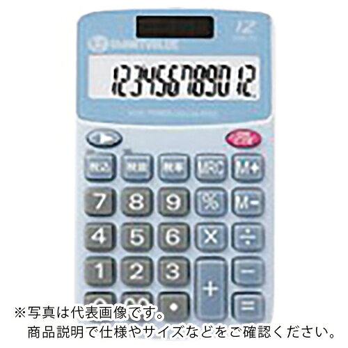 特長：カバーするビジネスユースの定番電卓です。手帳カバー付きです。お好みで付けられます。ラバーキーを使用しています。仕様：桁数：12色：ブルー表示数字(高)：9mm規格：ミニ1箱入数：5台外形寸法：幅61×奥102×高9mm質量：約51g（...