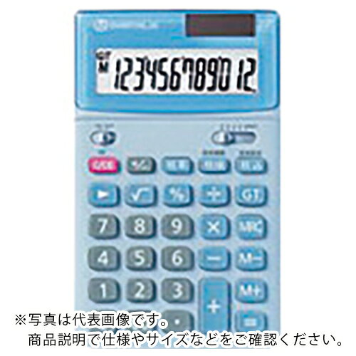 特長：大きな表示です。卓上から持ち運びまでカバーする電卓です。仕様：桁数：12色：ブルー表示数字(高)：15mm規格：中型1箱入数：5台外形寸法：幅107×奥172．5×高25．3mm電源(V)：太陽電池＋内蔵電池（LR1130×1）保証期...