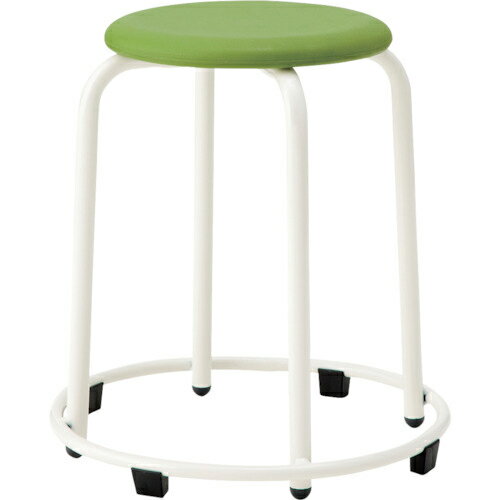 特長：誤ってリングを踏んでも倒れにくい構造です。座面が樹脂なのでお手入れが簡単です。用途：休憩室、作業用のスツールです。仕様：張地：PP樹脂脚色：ホワイト色：グリーン座幅(mm)：300幅(mm)：425座高(mm)：460背もたれ：無完成...